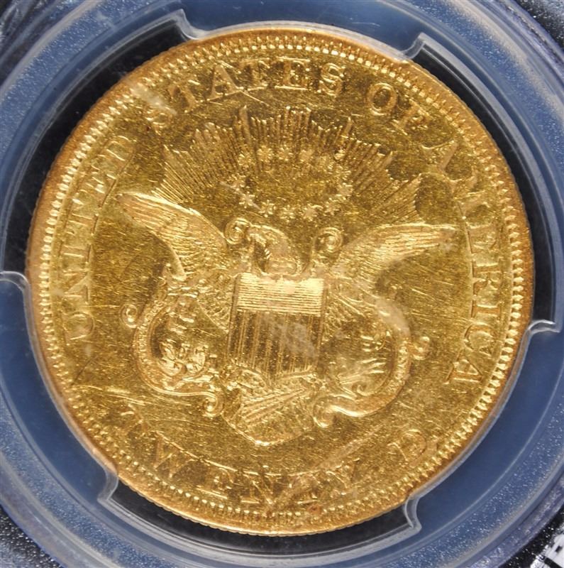1850 $20 GOLD PCGS AU DETAILS PLANCHET FLAW