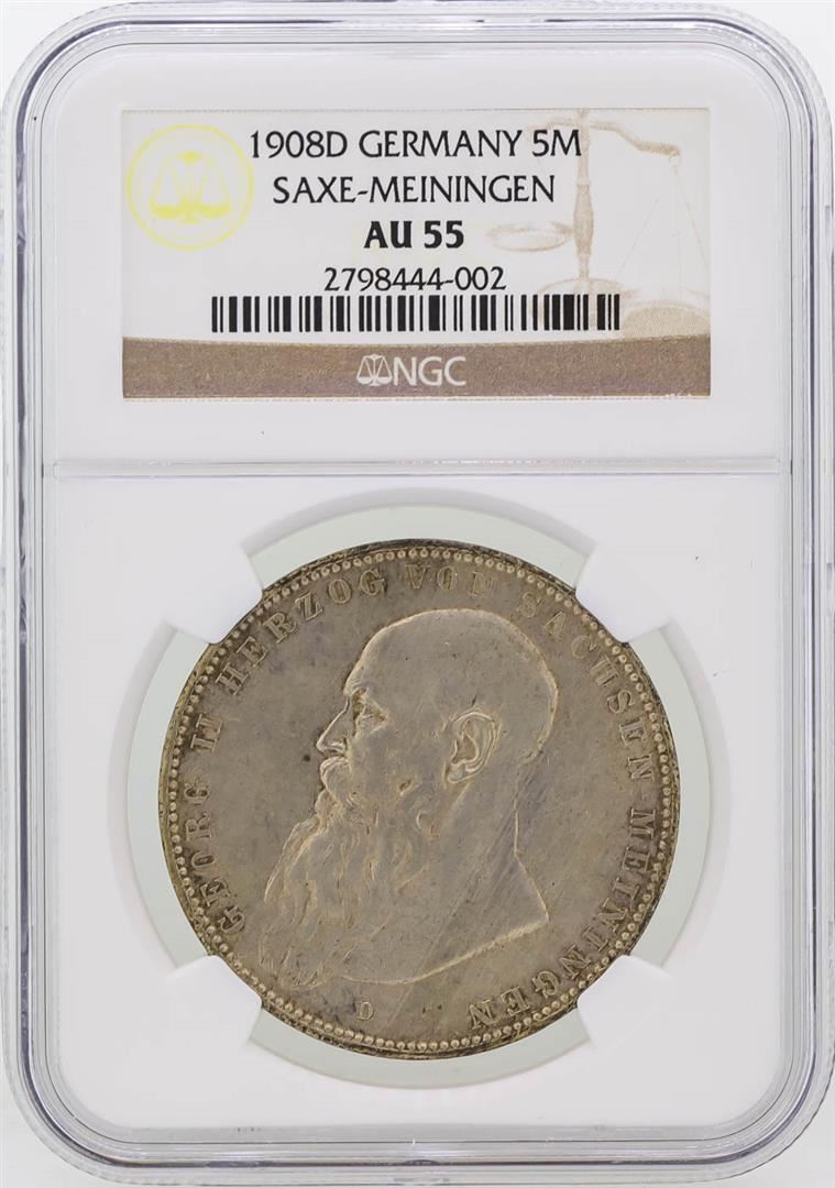 1908-D Germany 5M Saxe-Meiningen Coin NGC Graded AU55