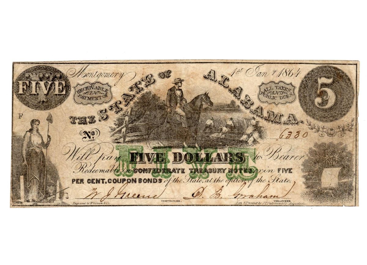 1864 $5 The State of Alabama Confederate Currency Note