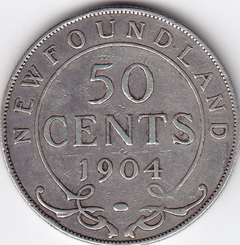 1904 Newfoundland Sterling Silver 50-Cent Half Dollar Coin - F/F+