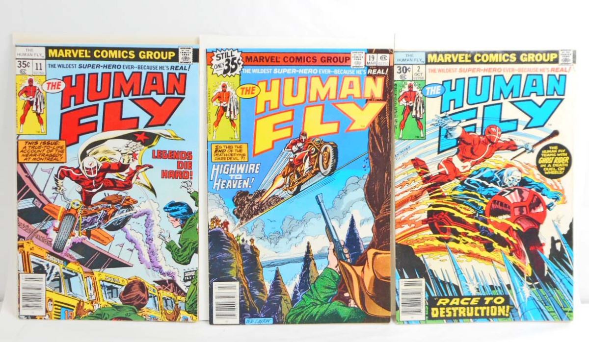 LOT OF 3 VINTAGE HUMAN FLY COMIC BOOKS - 1978 & 1977