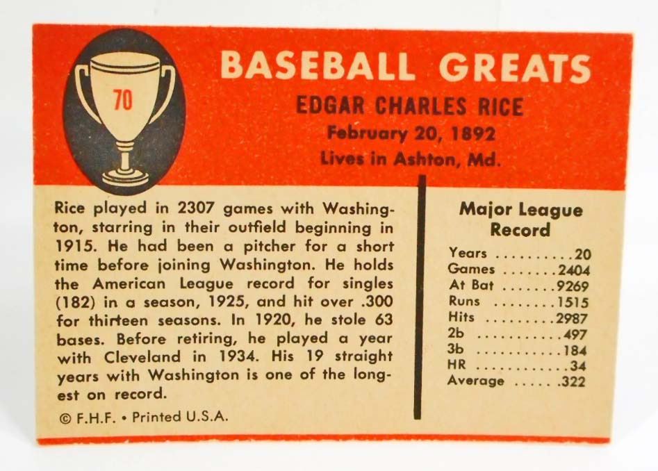 1961 FLEER SAM RICE #70 BASEBALL CARD