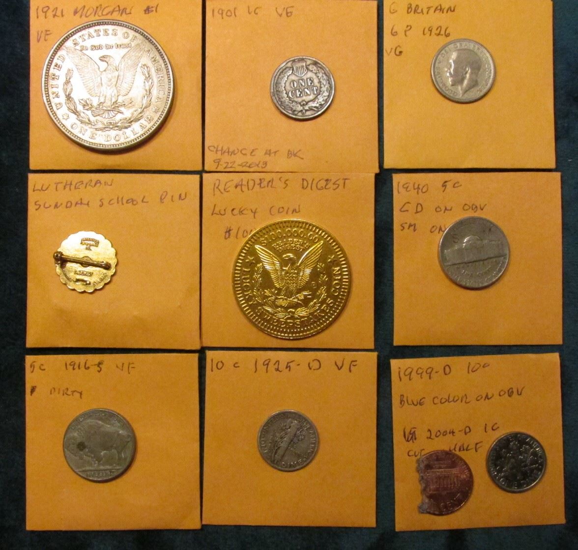 1999 D Dime (blue color on obverse); 2004 D Lincoln Cent cut-in-Half ...