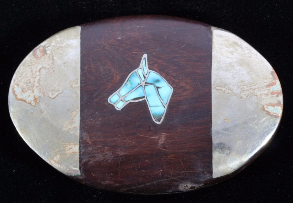Navajo Turquoise Rosewood Inlaid Belt Buckle