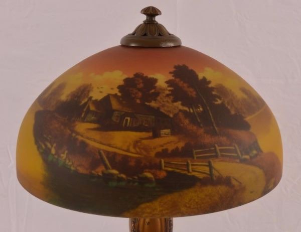 Antique Lamp With Reverse Painted Glass Shade