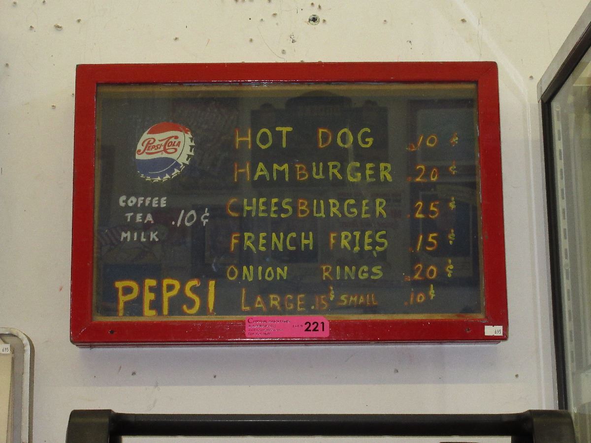 Wood framed restaurant sign with Pepsi logo
