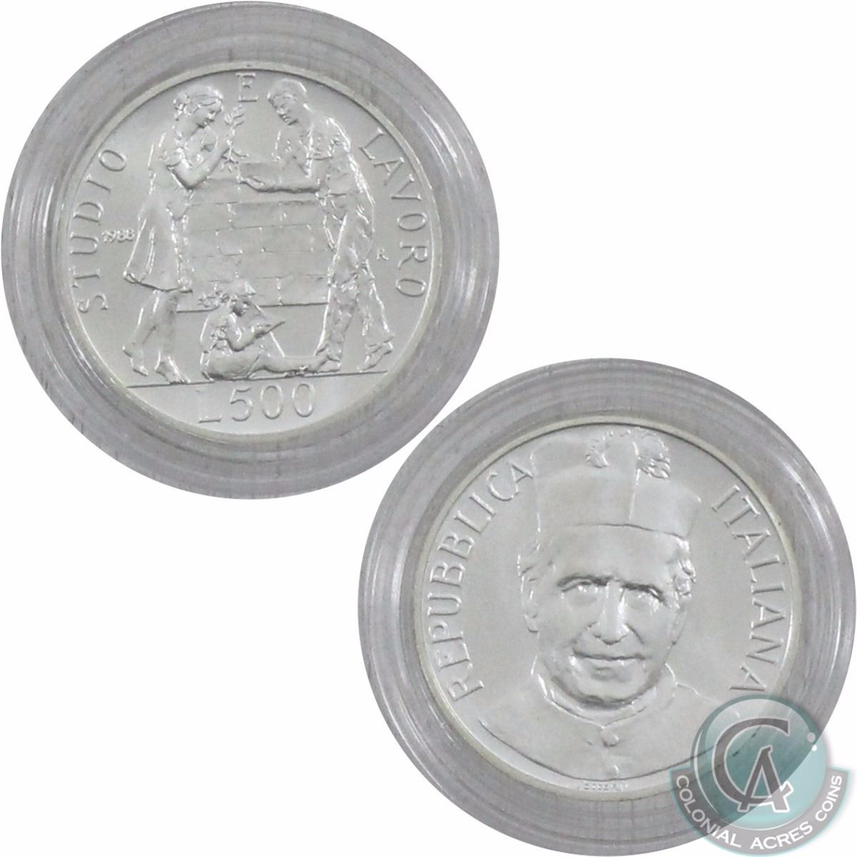 1988 Republic of Italy 500 Lire 100th Anniversary of the death of Giovanni Bosco Silver coin. This c