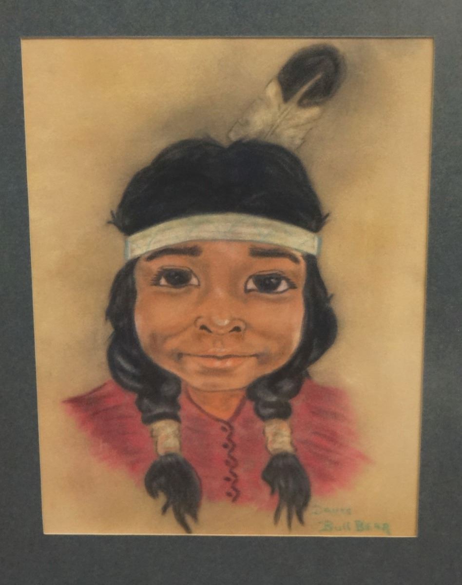 Davis Bull Bear, pastels, Native American children, 2 pcs., both 9" x ...