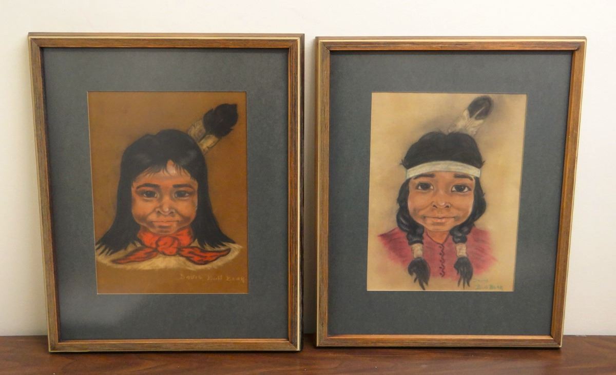 Davis Bull Bear, pastels, Native American children, 2 pcs., both 9" x ...