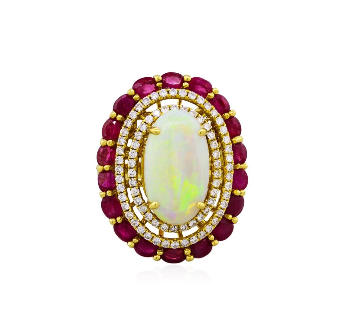 18KT White Gold 5.27ct Opal, Ruby and Diamond Ring