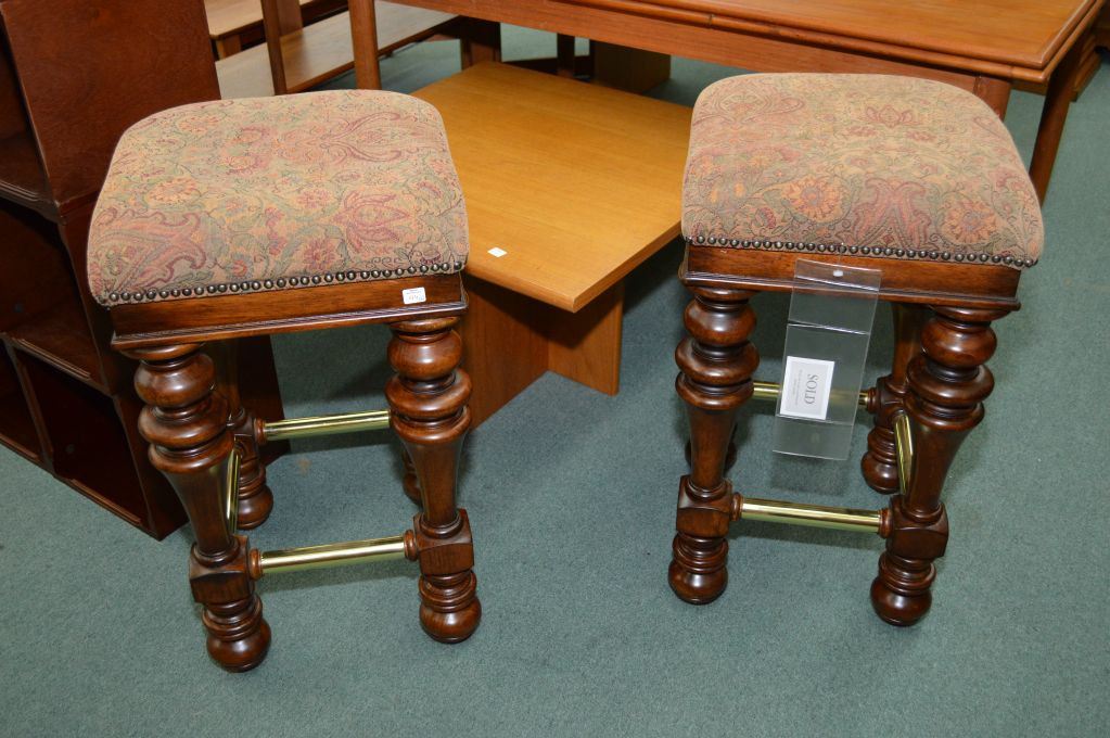 Pair of as new upholstered bar stools with bulbous legs and metal foot ...