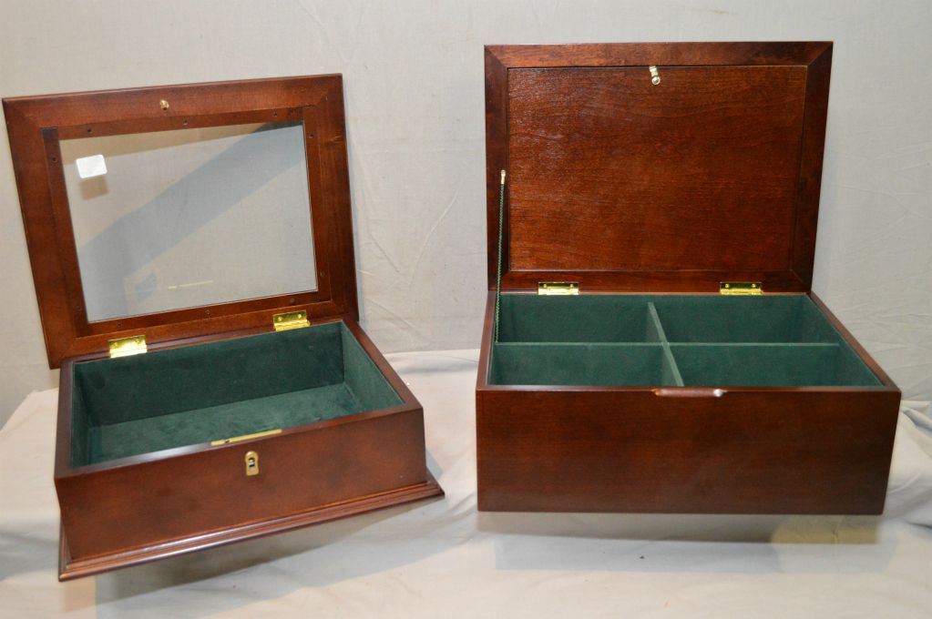 Two Bombay Company wooden boxes including photo box and glass top ...