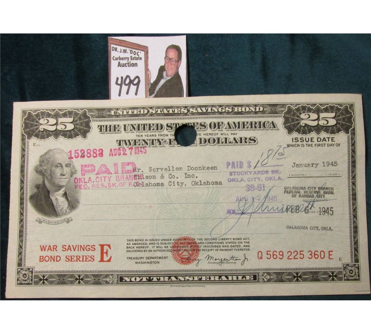 January 1945 "$25.00 United States War Savings Bond Series E", Serial ...