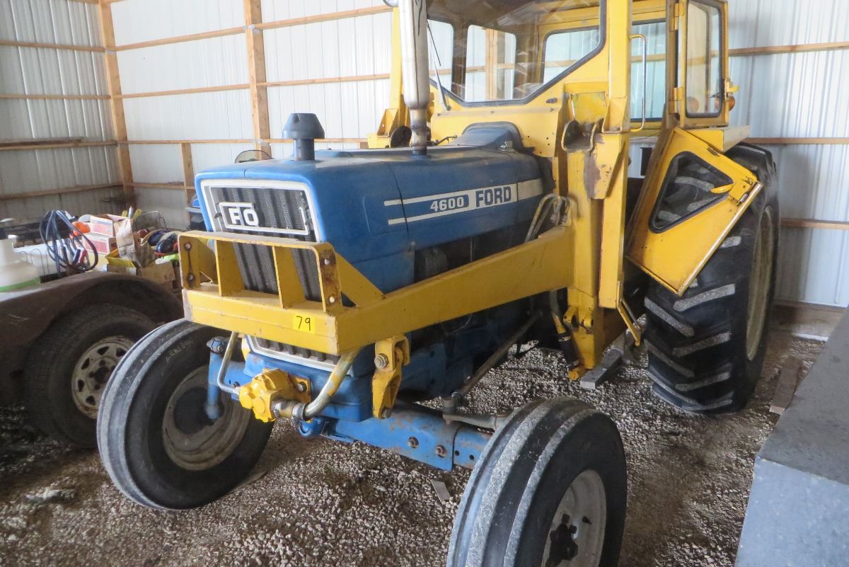 Ford model 4600 diesel, 3 pth, pto, ford loader, sims cab, 16.9 x 30 tires