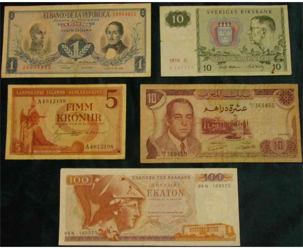 Bank of Maroc 10 Dirhams, VG; 100 Greek Ekaton, EF; 1957 "Landsbanki ...