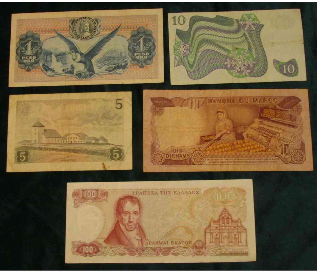 Bank of Maroc 10 Dirhams, VG; 100 Greek Ekaton, EF; 1957 "Landsbanki ...