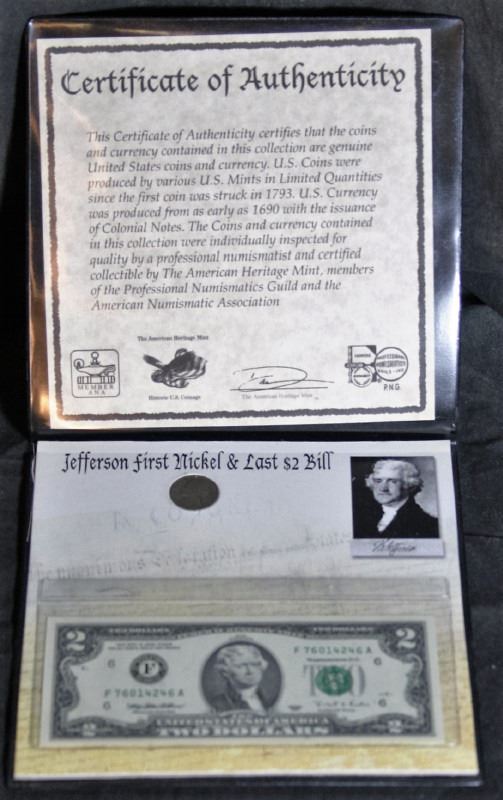 Jefferson First Nickel & Last $2 Bill Collection By American Heritage Mint