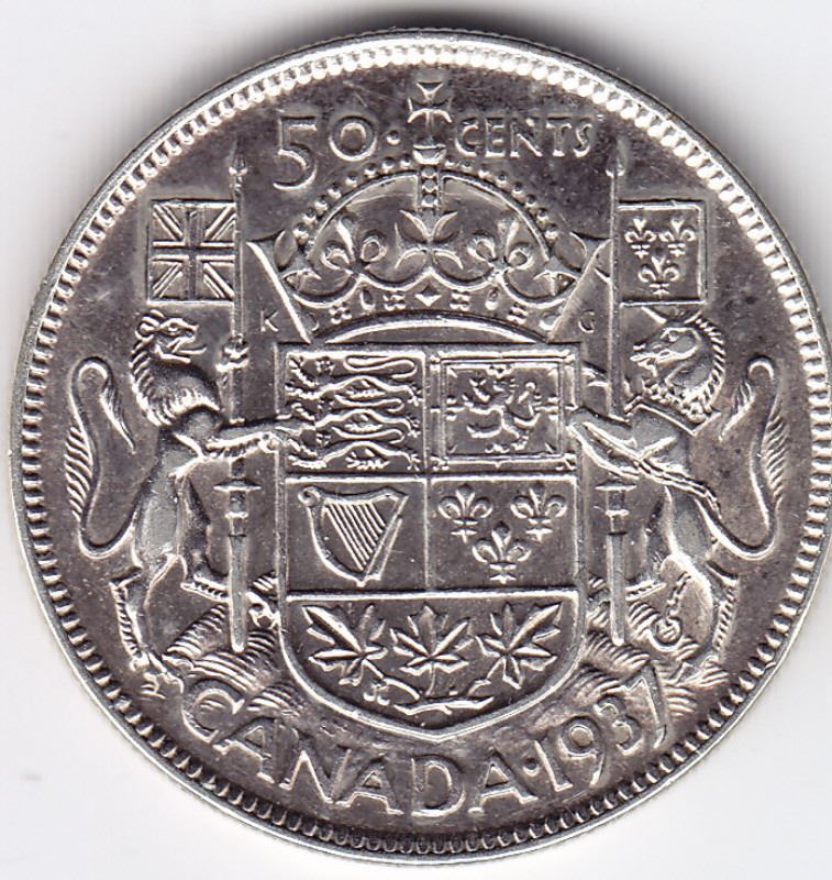 1937 Canada Silver 50-Cent Half Dollar Coin - Almost Uncirculated