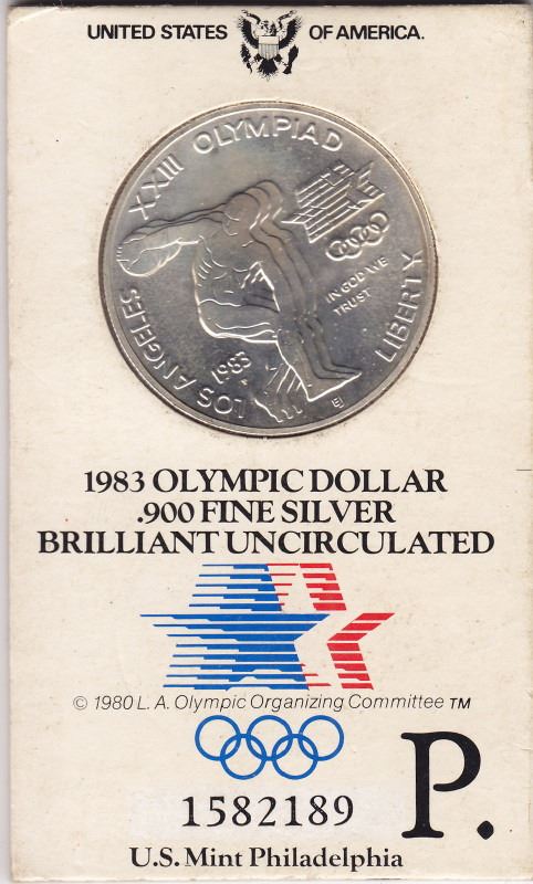 1983 USA Olympic Silver $1 Dollar Coin - BU On Card