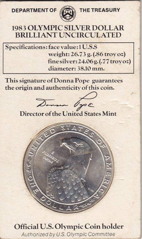 1983 USA Olympic Silver $1 Dollar Coin - BU On Card