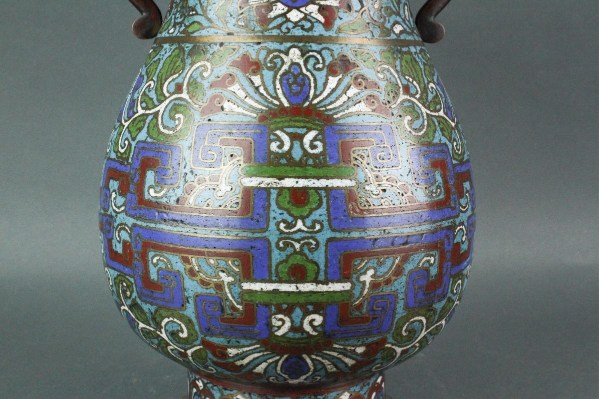 Chinese Cloisonne Bronze Hu Vase 4 Character Mark Chinese Cloisonne Bronze Hu Vase 4 Character Mark