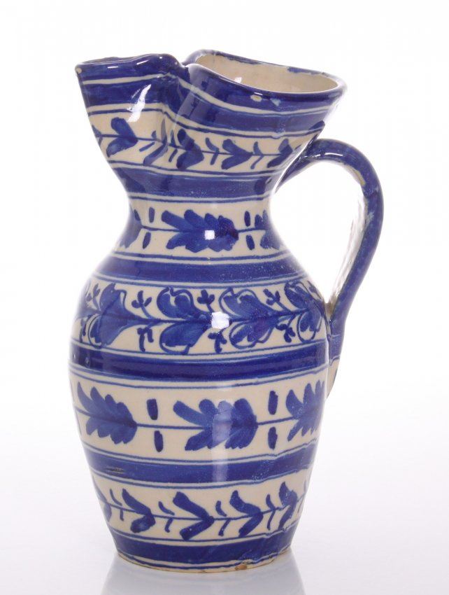 Vintage blue and white ceramic jug with pinch spout. M