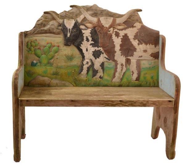 Folk Art Carved Texas Longhorn Bench
