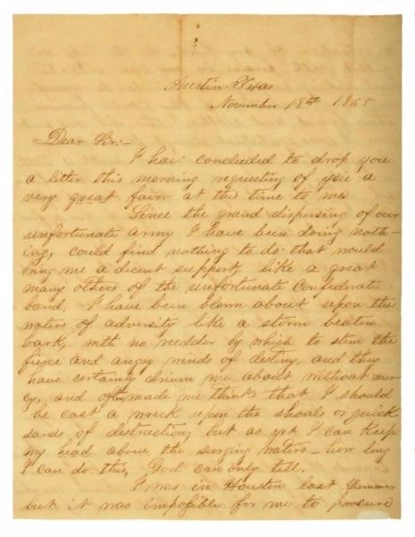 1865 Austin to Galveston Texas Civil War Letter