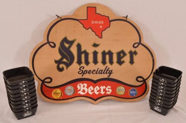 Shiner Beer Wood Sign & Vintage Ash Trays