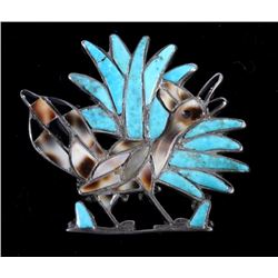 Zuni Inlaid Mosaic Roadrunner Sterling Brooch