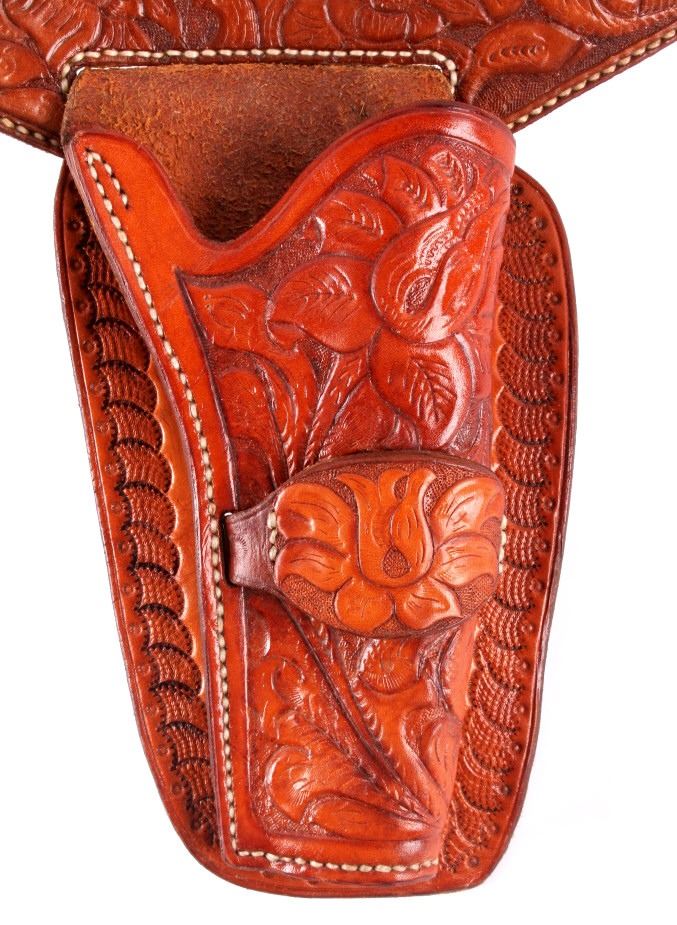 Hand Tooled Leather Gun Belt with Holster