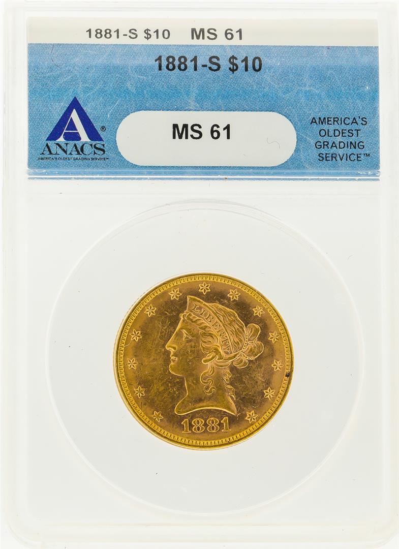 1881-S $10 Liberty Head Eagle Gold Coin ANACS MS61