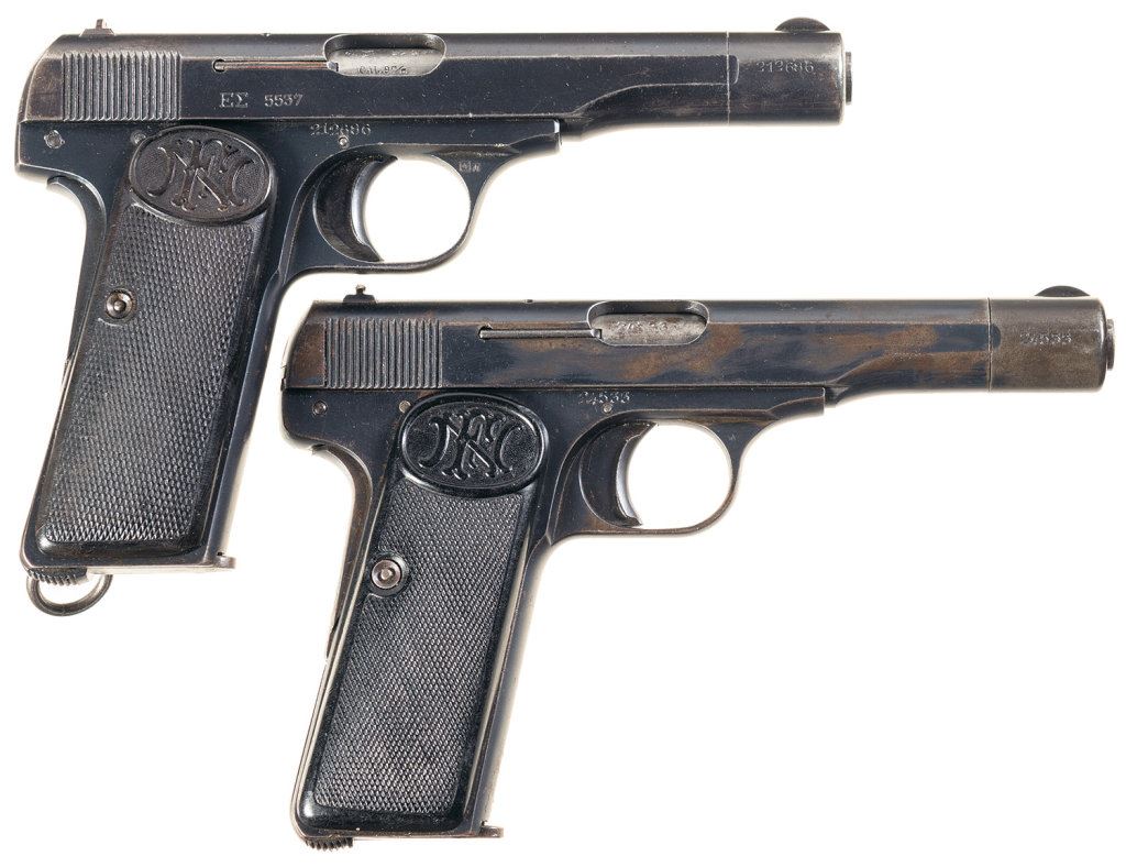 Two European Military Fabrique Nationale Browning Model 1922 Semi-Automatic Pistols with Drop Holste