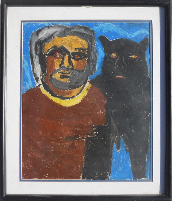 Gregory Corso, Self Portrait with Cat, Gouache Painting