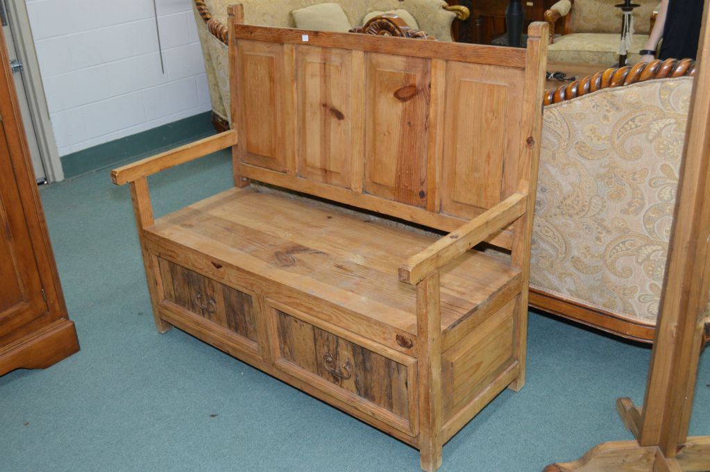 Primitive style knotty pine hall bench with two storage drawers
