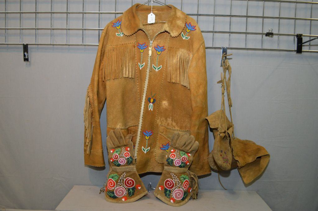 Hand made buck skin leather and beadwork jacket and gloves and a plus a ...