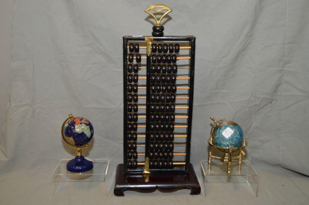 20" high desk top abacus and two small decorative gemstone and lapis globes