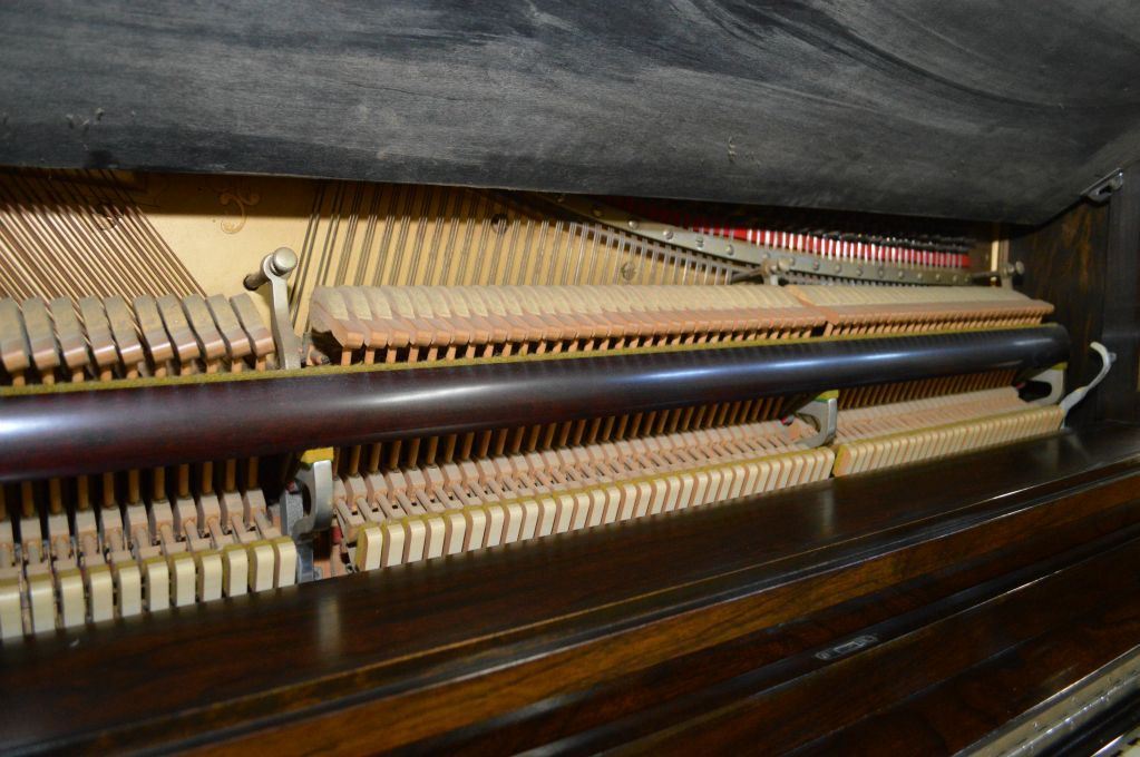 Walnut cased Mendelssohn upright grand piano with brass soundboard ...