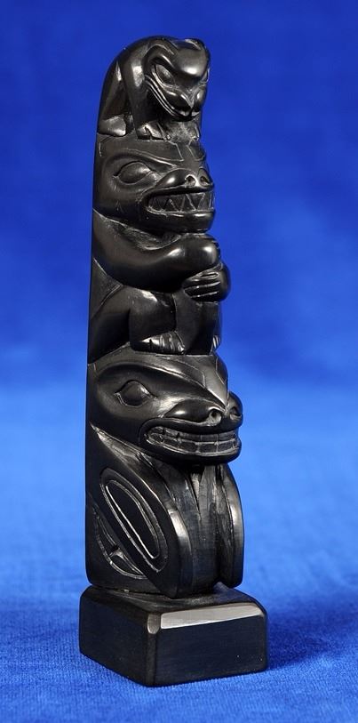 Haida Argillite Totem Carved with Bear Cub on a Bear and Wasco 4 1/8" H ...