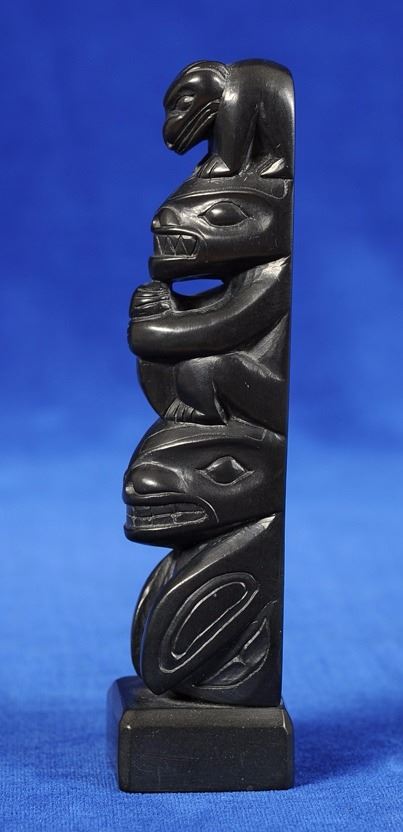 Haida Argillite Totem Carved with Bear Cub on a Bear and Wasco 4 1/8" H ...