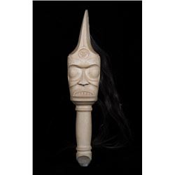 John Yeltatzie Cedar Rattle Carved with Raven Finned Killer Whale 10 3/ ...