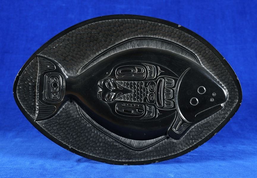 Haida Carved Argillite Halibut with Raven Dish Signed PW 83 8 1/2"x 13 ...