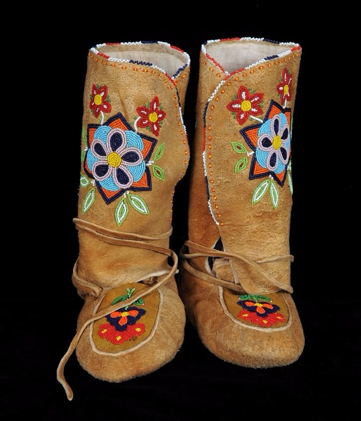 Pair of Cree Beaded High Top Moccasins with Floral Design 10" L. Fine ...