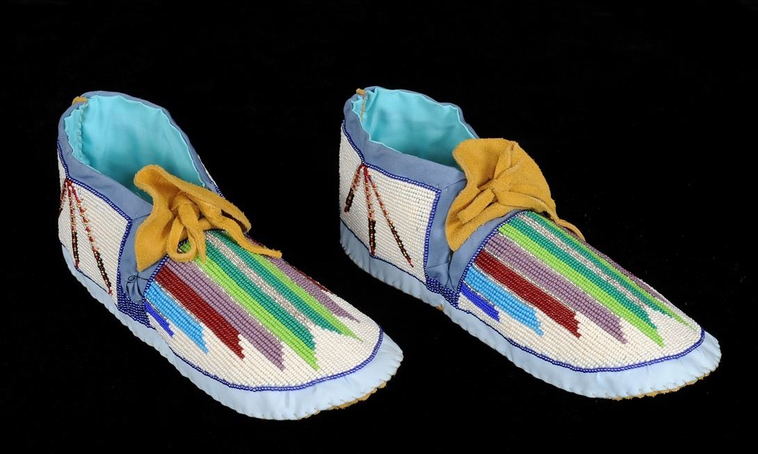 Pair of Cree Beaded Moccasins with Geometric Design From Northern ...