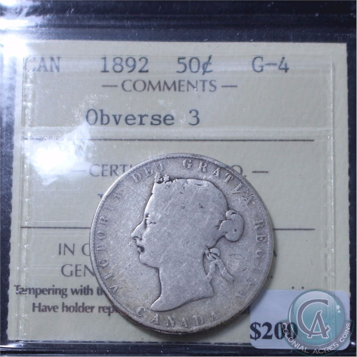 50-cent 1892 Obverse 3 ICCS Certified G-4