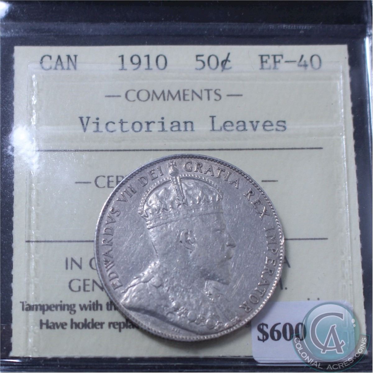 50-cent 1910 Victorian Leaves ICCS Certified EF-40