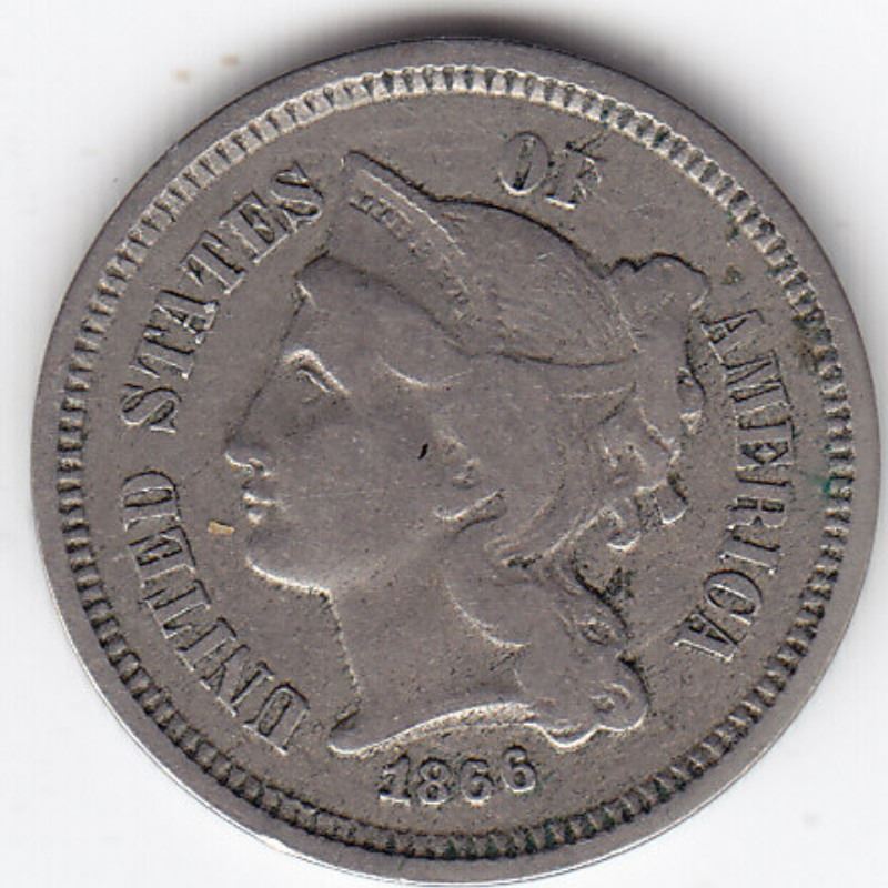 1866 United States Silver 3-Cent Coin - VG/VG+
