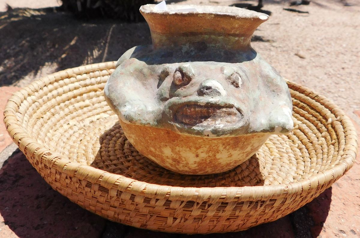 Mayan Frog Effigy Bowl & Native American Basket