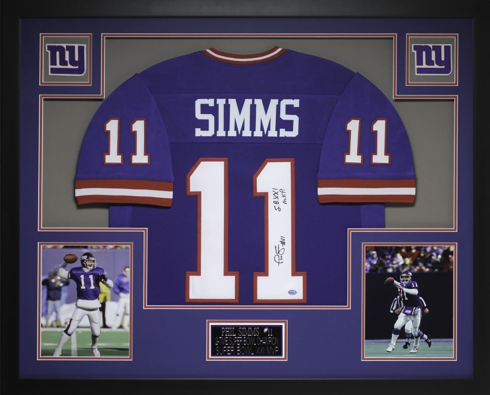 Phil Simms Signed Giants 35" x 43" Custom Framed Jersey Inscribed "SB ...