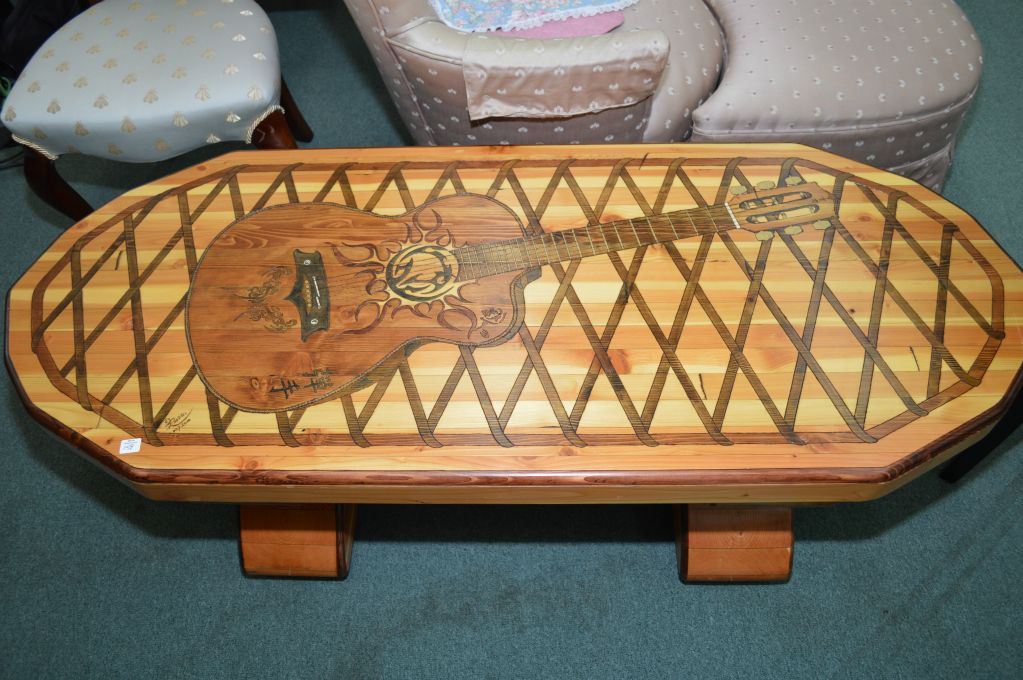 Artisan made musical guitar motif wooden coffee table signed by artist ...